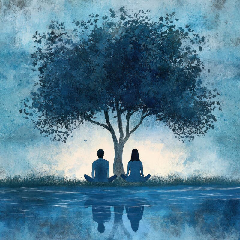 Couple Meditating Under a Tree by a Tranquil Lake Stock Photo - Image ...