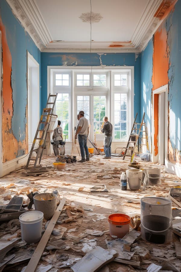 A Couple of Men Working in a Room Under Construction Stock Illustration ...