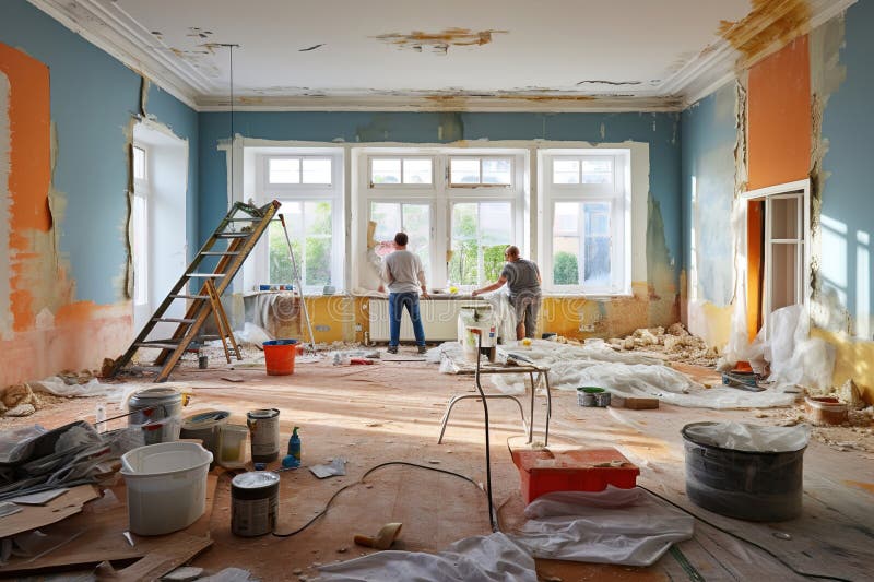 A Couple of Men Working in a Room Under Construction Stock Illustration ...