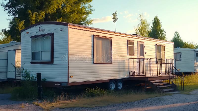 A Couple of Mobile Homes Sitting Next To Each Other in a Field Stock ...