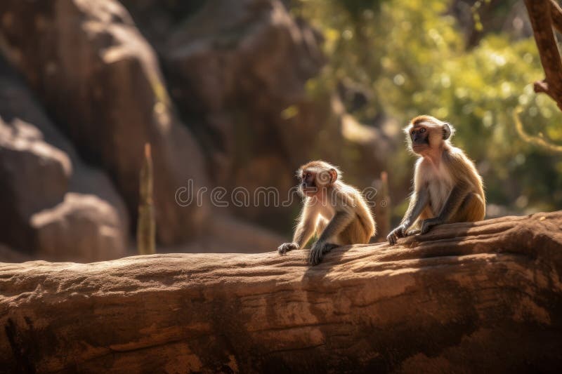 A Couple of Monkeys Sitting on Top of a Log Stock Illustration ...