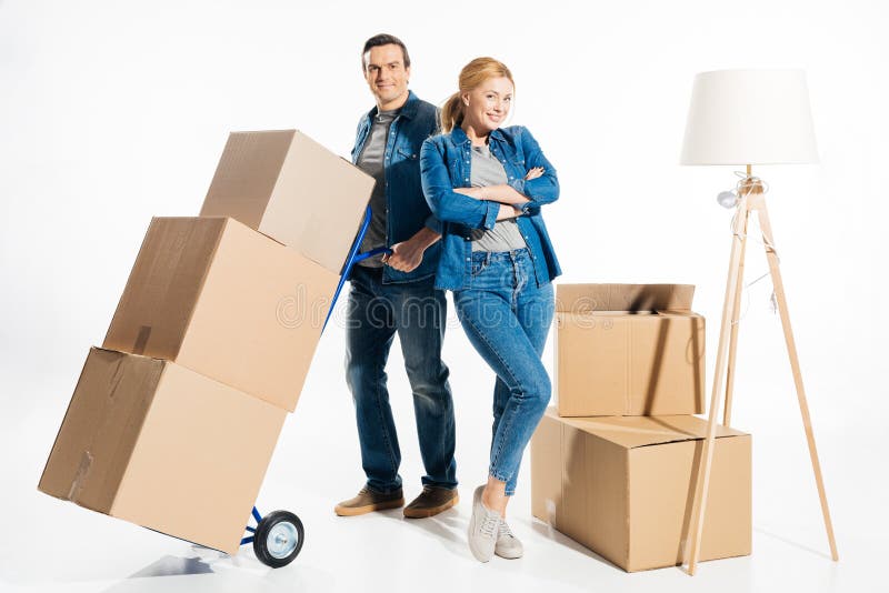 Couple Moving Cardboard Boxes on Hand Cart Stock Photo - Image of ...
