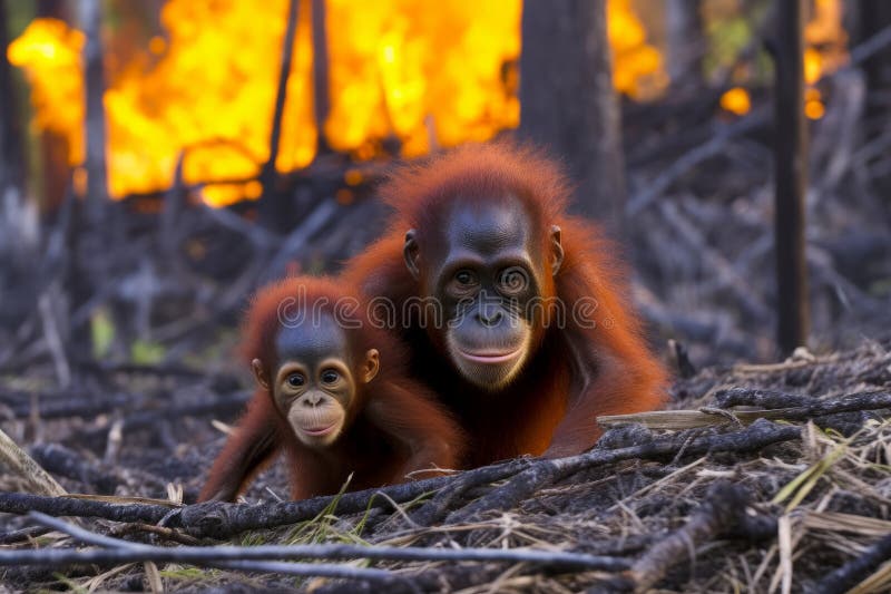 A Couple of Orangutan Run from Forest Fire Stock Illustration ...