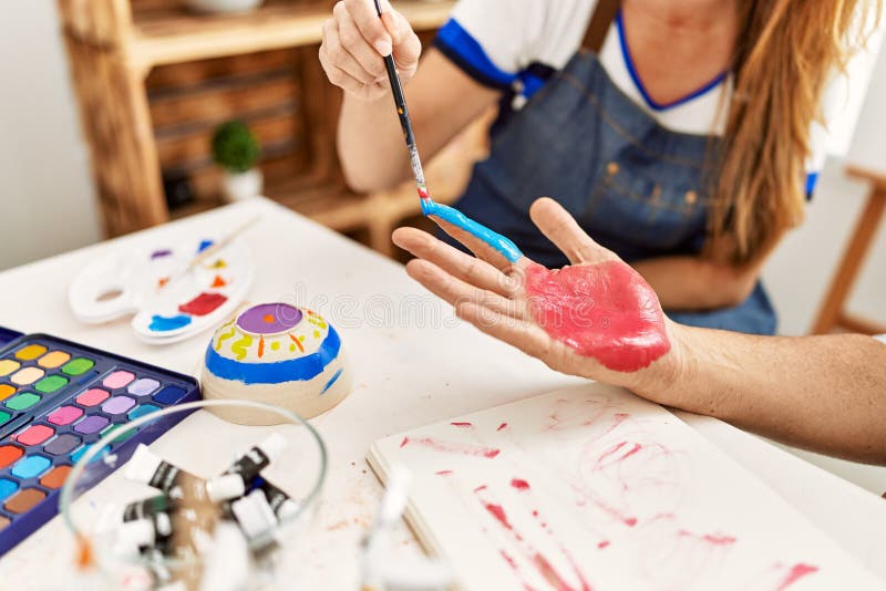 Couple Painting Hands at Art Studio Stock Image - Image of lesson ...