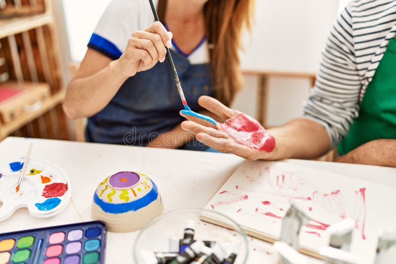 Couple Painting Hands at Art Studio Stock Photo - Image of notebook ...