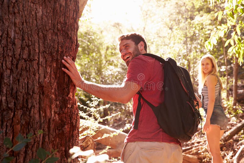 Women Pausing Tree Trunk Walk Forest Stock Photos - Free & Royalty-Free ...