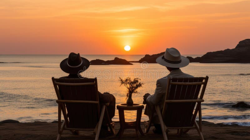 A Couple of People Sitting in Lawn Chairs on a Beach. Generative AI Image. Stock Illustration ...