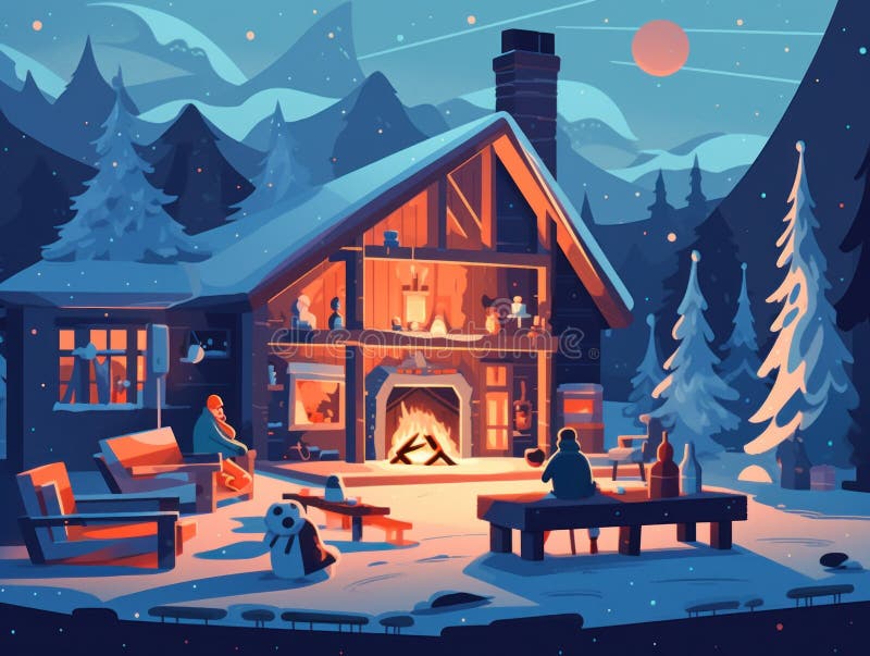 A Couple Of People Sitting At A Table In Front Of A Cabin Generative