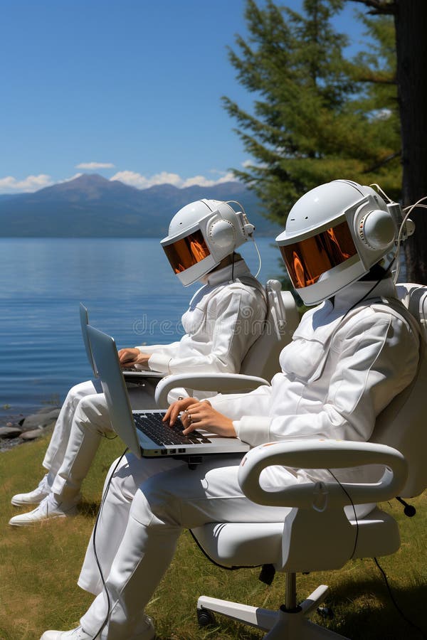 Couple of People Sitting on Top of Laptop Computer. Generative AI Stock ...