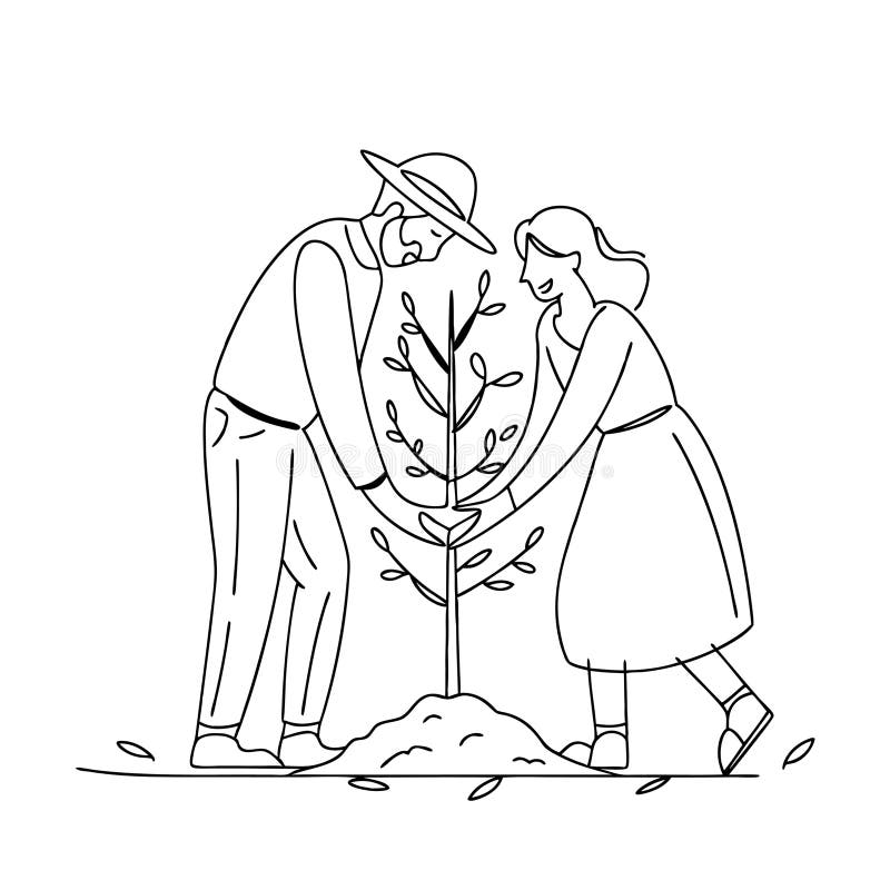 Couple Planting Tree Line Art Vector Symbolizing Nature Conservation ...