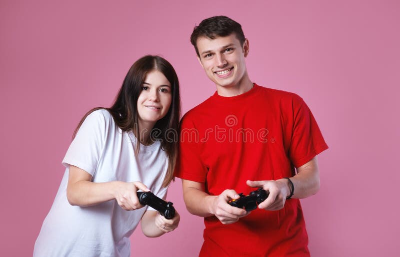 Couple Play a Computer Game on Joysticks Stock Image - Image of ...