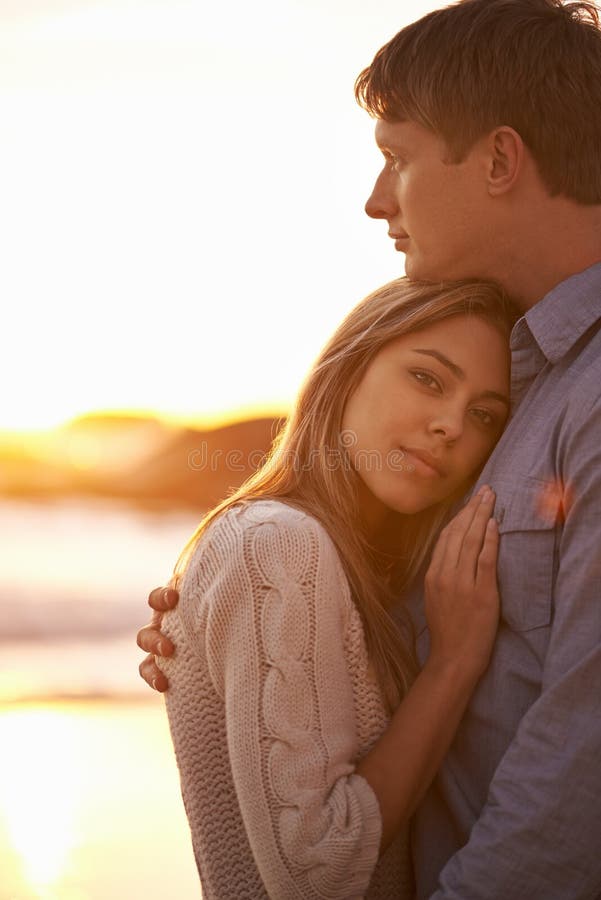 Couple, Portrait and Hug by Beach at Sunset, Ocean Waves and Peace for ...