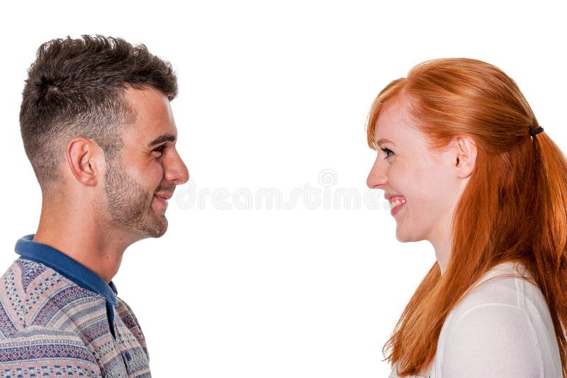 Couple in Profile Smile at Each Other Stock Image - Image of isolated ...