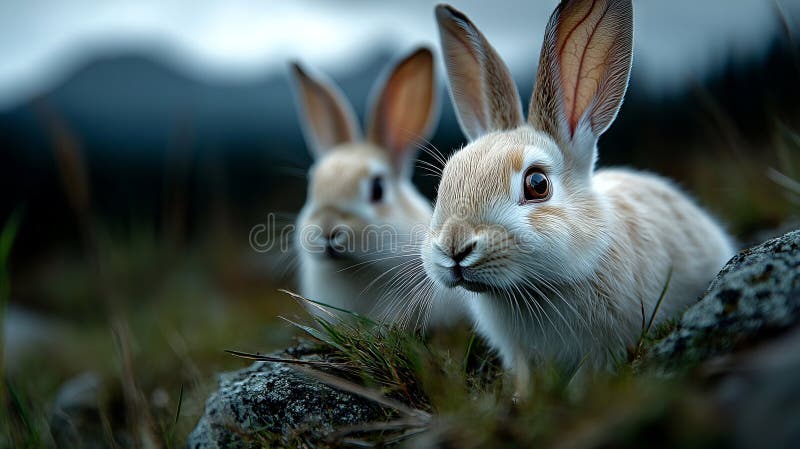 A Couple of Rabbits Sitting on Top of a Rock in the Grass Stock Image ...