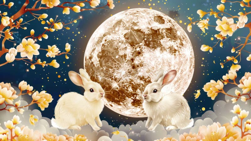 A Couple of Rabbits Standing in Front of a Full Moon Stock Image ...