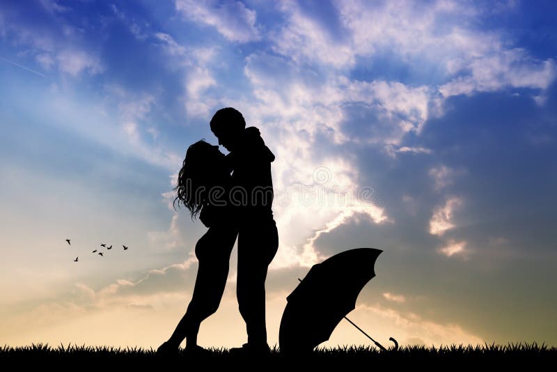 Couple in the Rain at Sunset Stock Illustration - Illustration of ...