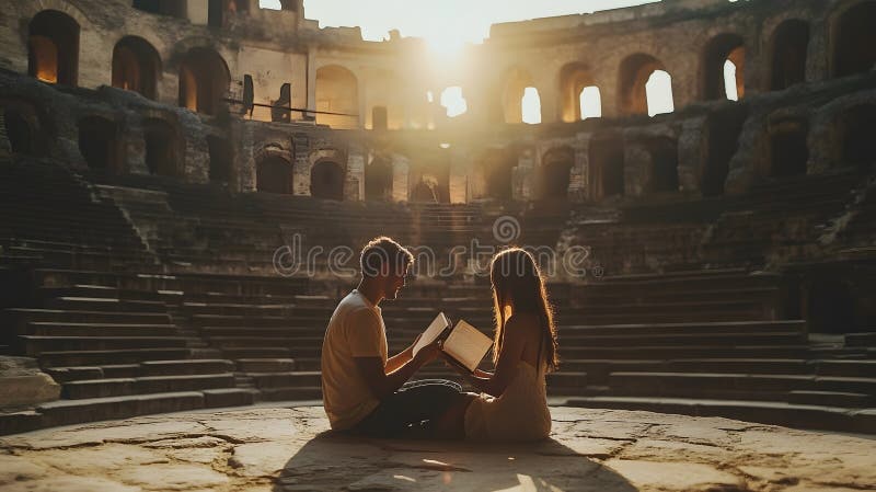 A Couple Reading a Book Together in an Ancient Theater Stock ...