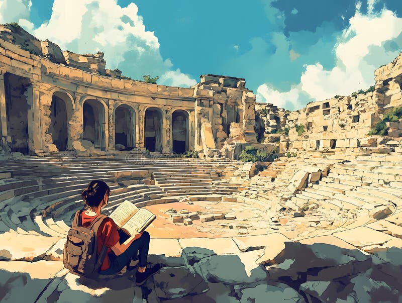 A Couple Reading a Book Together in an Ancient Theater Stock ...