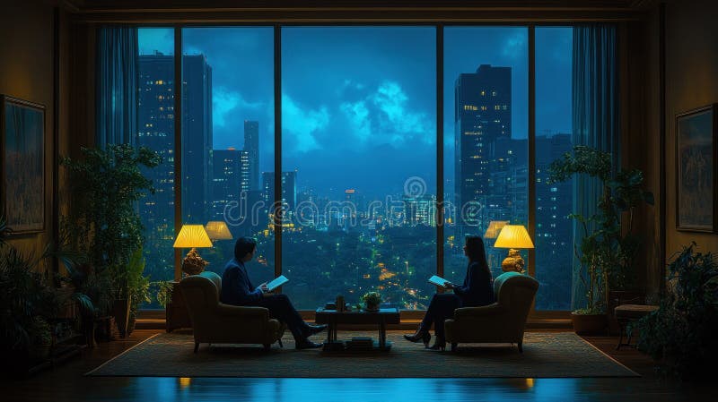 Couple Reading at Night, City View, Luxury Room Stock Illustration ...
