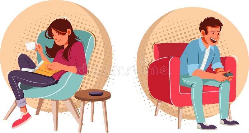 Couple Reading and Playing Video Game Stock Vector - Illustration of ...