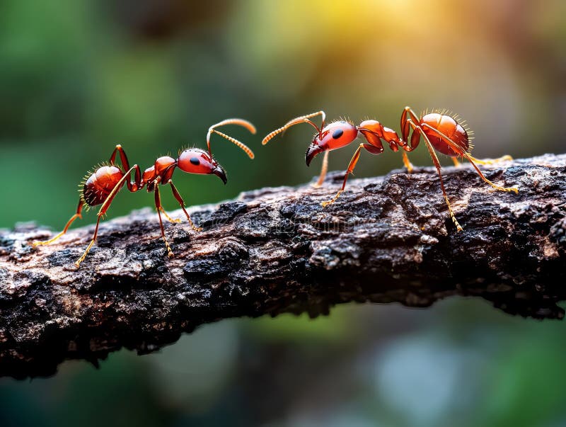 A Couple of Red Ants Walking on a Tree Branch Stock Image - Image of ...