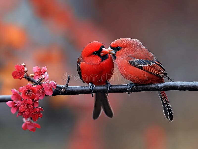 A Couple of Red Birds Sitting on Top of a Tree Branch Stock Photo ...