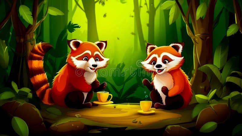 Couple of Red Pandas Sitting at Table with Cup of Coffee. Generative AI ...