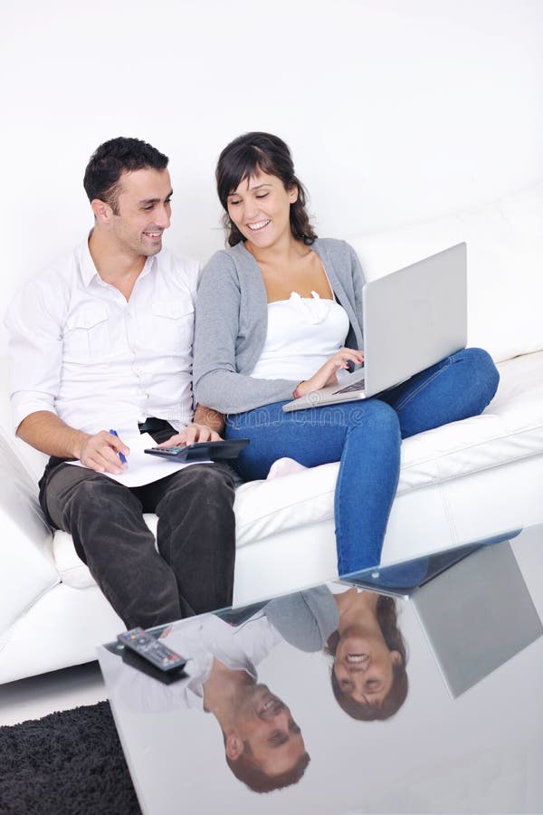 Couple Relax and Work on Laptop Computer at Home Stock Image - Image of ...