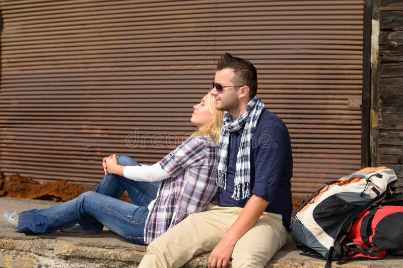Couple Resting Backpack Travel Tired Sitting Trip Stock Image - Image ...