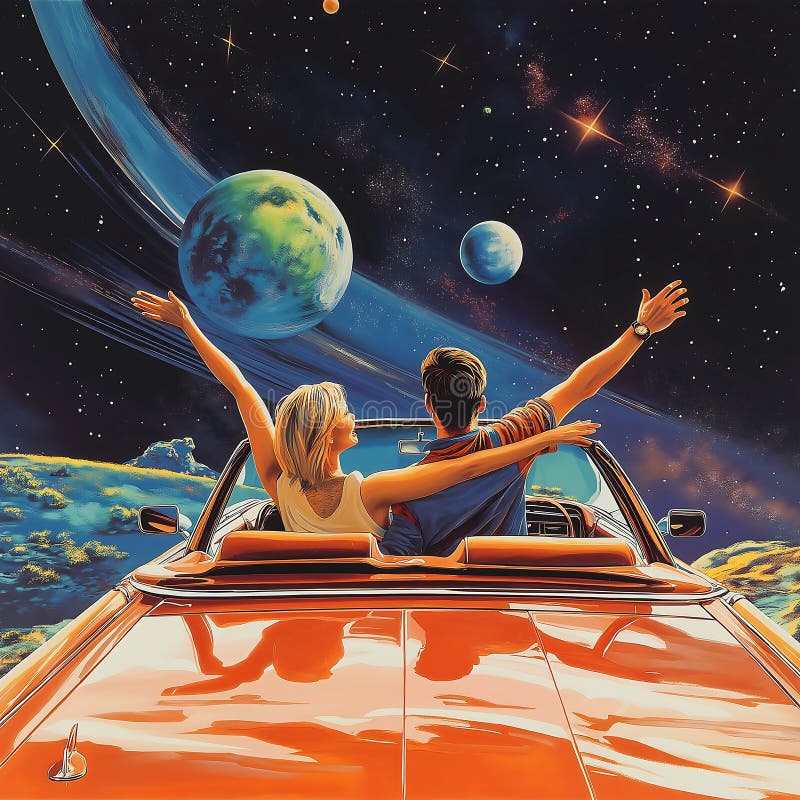 Couple in a Retro Car in Space. Date Stock Illustration - Illustration of beautiful, trip: 343191475