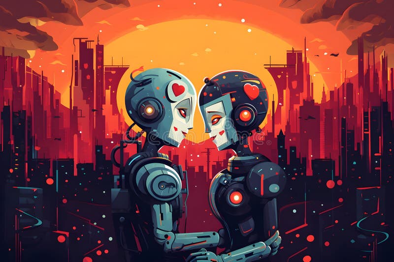 Couple of Robots Kissing in Love Stock Illustration - Illustration of ...