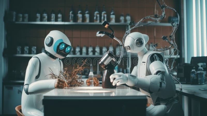 A Couple of Robots Sitting at a Table. Generative AI Image. Stock ...