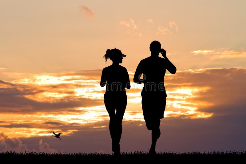 Couple running at sunset stock illustration. Illustration of marathon ...