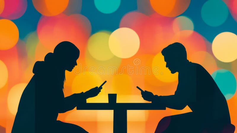 Couple Seated at a Table, Both Focused on Their Phones while Neglecting ...