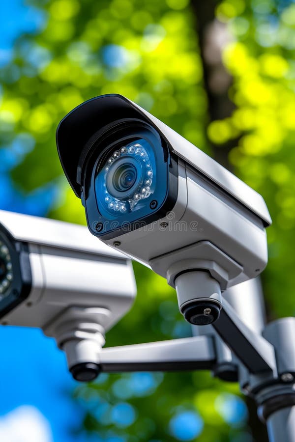 A Couple of Security Cameras Sitting on Top of a Pole Stock Image ...