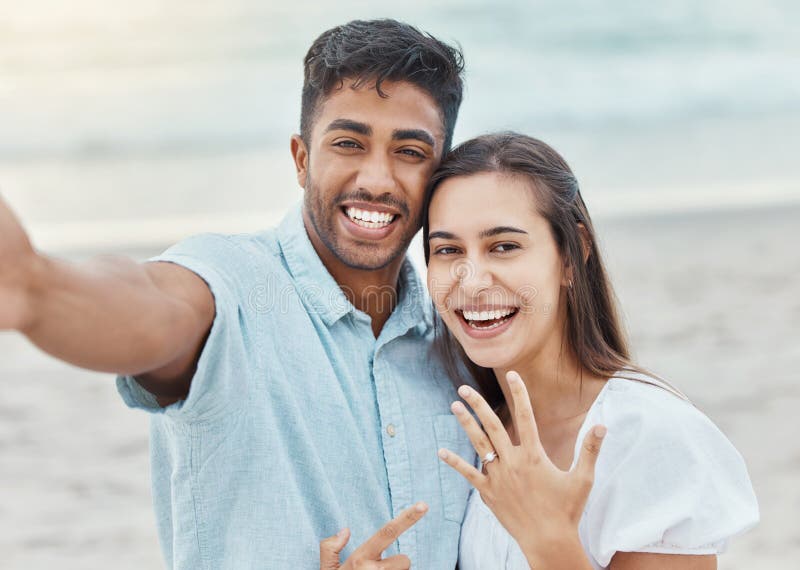 Couple Selfie Engagement Proposal Or Wedding Ring At The Beach