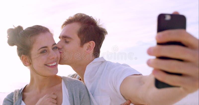 Couple Selfie And Man Kiss Woman For Social Media Post Travel And