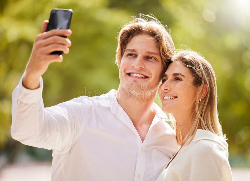 Couple Selfie And Smile In Park For Love Care And Happiness Together
