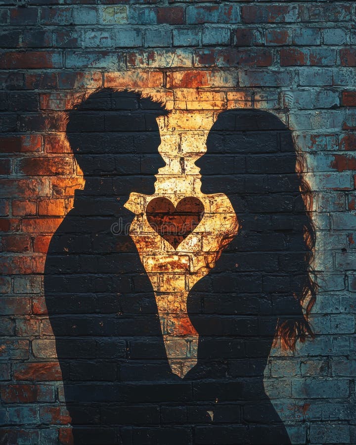 Couple Shadow Forming Heart Shape on Brick Wall, Symbolizing Love Stock ...