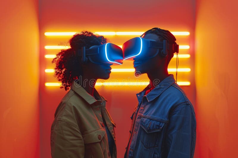 Couple Sharing a Virtual Reality Experience in a Neon-lit Environment ...