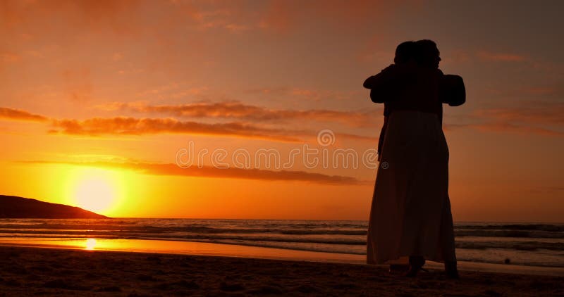 Couple Silhouette And Hug At Beach Sunset Sky And Nature For Love