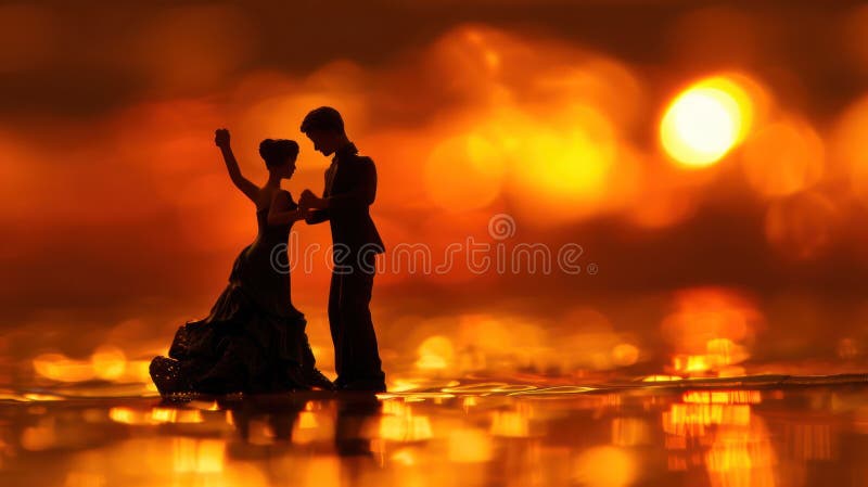 A Couple Of Silhouettes Of A Man And A Woman Are Dancing On A Beach At Sunset Stock Illustration