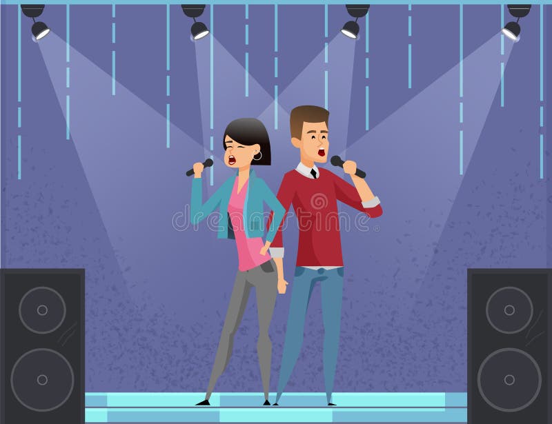 Couple Of Singers With Microphones Cartoon Young Male Pretty Female