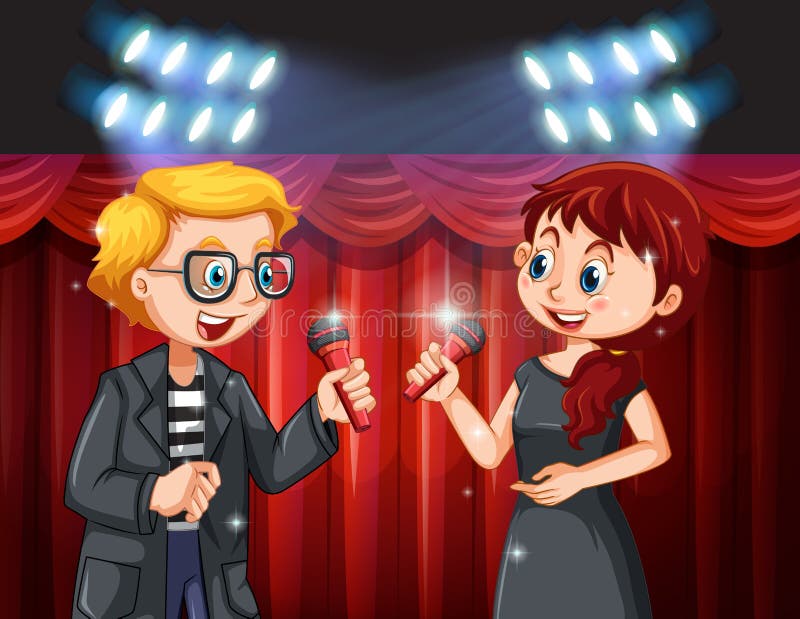 Couple Singing With Microphone On Stage Stock Vector Illustration Of