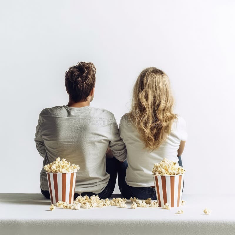 A Couple Sitting Around Eating Popcorn Stock Image - Illustration of ...