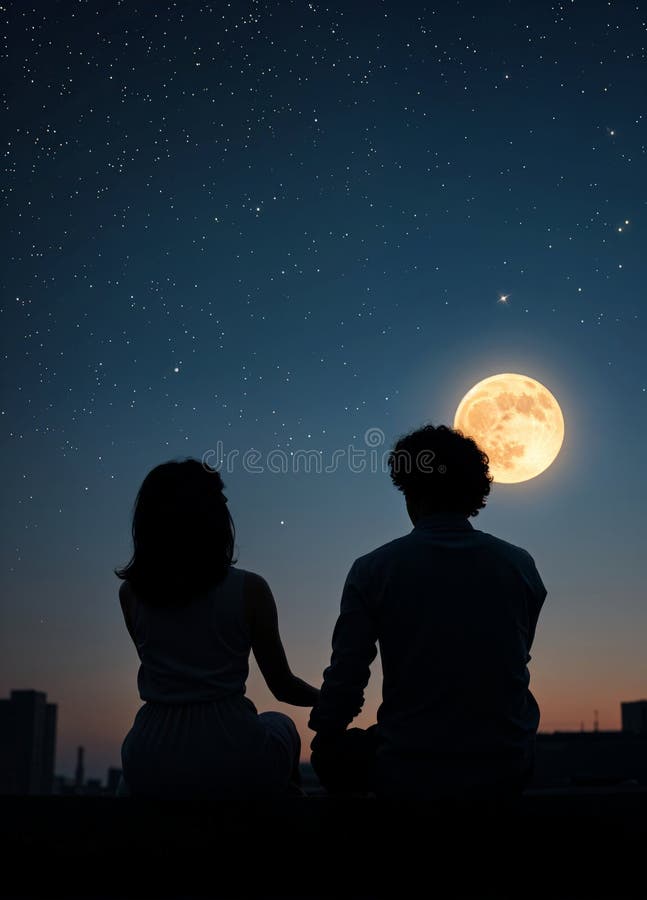 Couple Sitting on the Balcony Ground Looking at the Full Moon in the ...