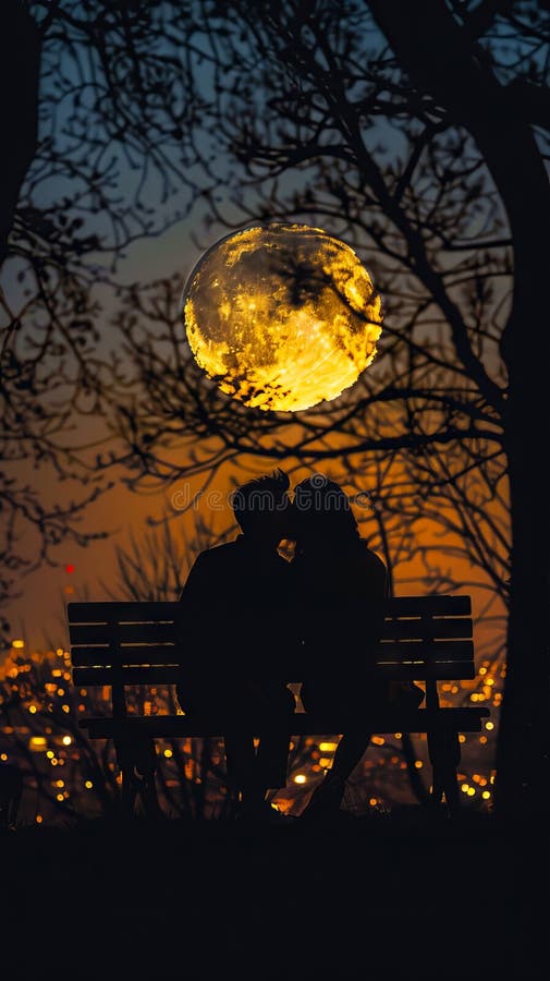 A Couple Sitting on a Bench with the Moon in the Background Stock Photo ...