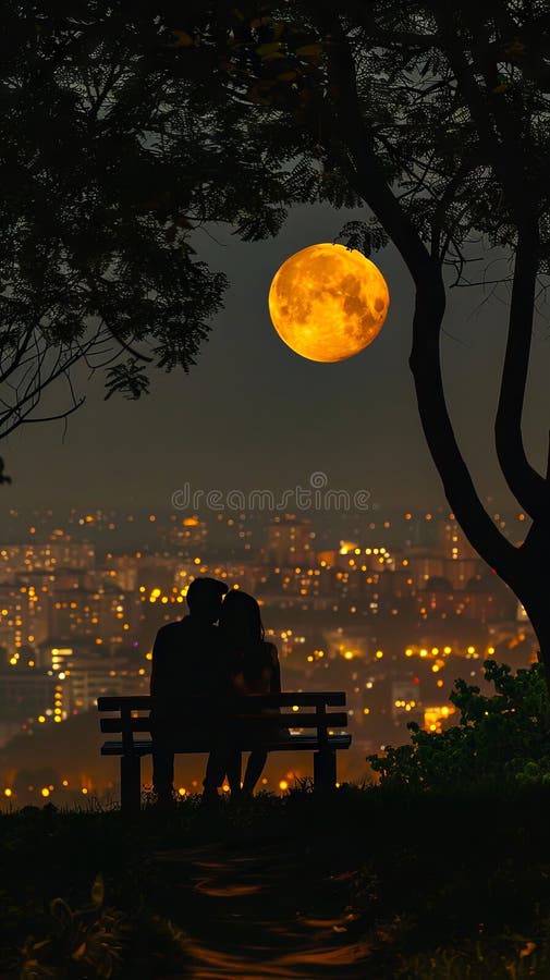 A Couple Sitting on a Bench Under a Full Moon Stock Image - Image of ...