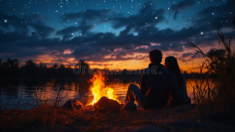 A Couple Sitting by a Campfire at Night on the Shore of Lake, AI Stock ...