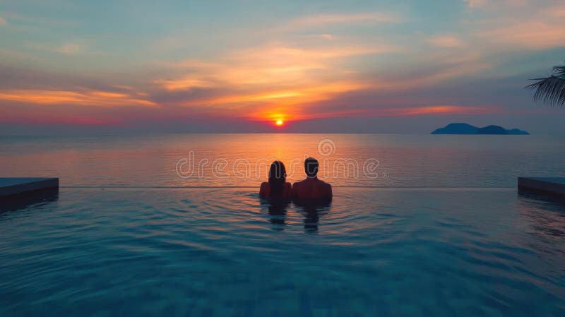Couple Sitting on the Edge of the Swimming Pool at Beautiful Sunset ...